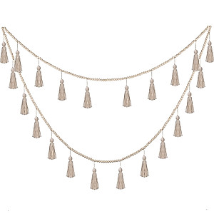 Boho Decor Wooden, 9.8ft Wood Bead Garland with Tassels Bobo Wall Hanging Farmhouse Home Decor Rustic Country Holiday Decoration