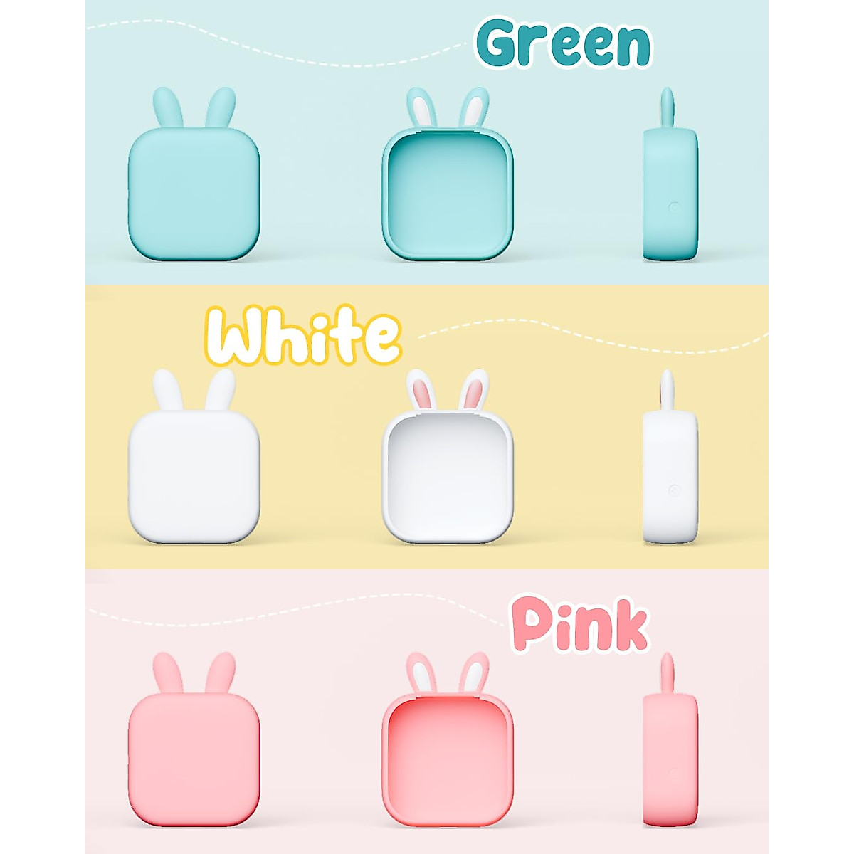 T02 Mini Sticker Printer Silicone Protective Case Bunny Ears Cover Case, Cute Design for T02 inkless Sticker Printer, Compatible with LabelCreate, Memoking, Memoqueen, Phomemo T02 Mini Printer, Green