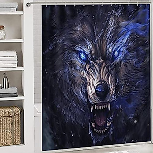 EEncantoo Premium Quality 4 Piece Angry Wolf Art Shaggy Rugs + U-Shaped Bath Mats & Lid Cover Rubber Backing + Fast Dry Shower Stall Curtain - Home Bath Room Decor