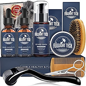 Beard Growth Kit W/Derma Roller/Beard Roller,Beard Wash,2 Packs Beard Oil,Mustache Wax/Beard Balm,Comb,Brush,Scissors,Beard Kit,Beard Grooming Kit for Men Gift Husband Boyfriend Birthday Gifts for Men