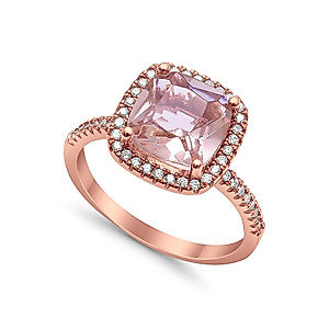 Blue Apple Co. Sterling Silver Halo Solitaire Ring Rose Tone Rhodium PL Cushion Cut Simulated Morganite Clear CZ accent