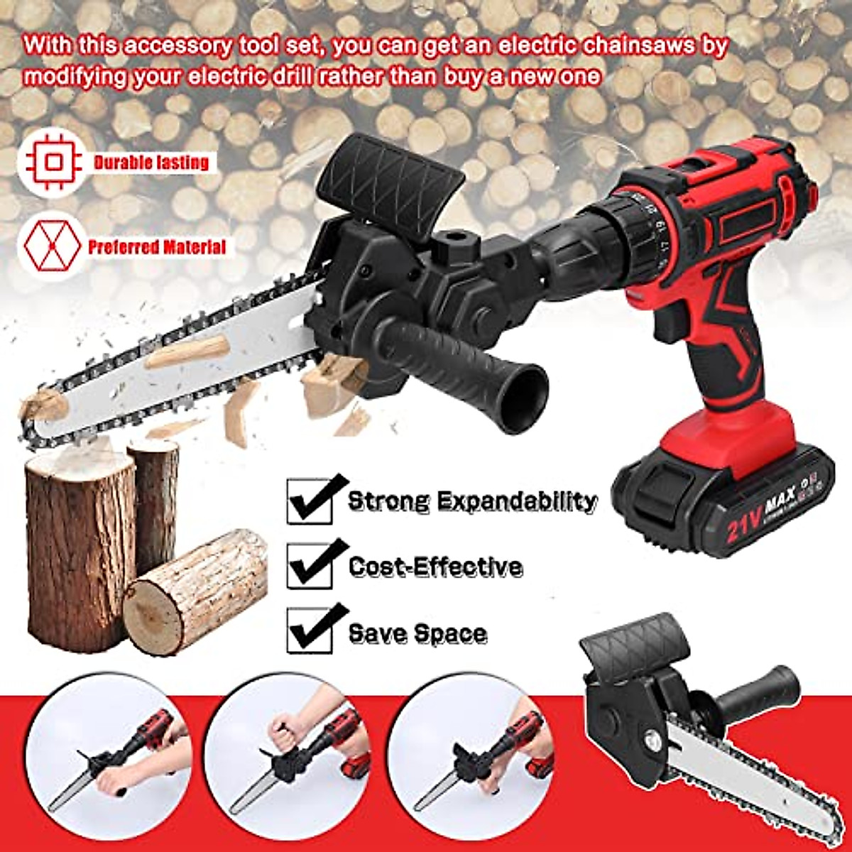Weytoll Electric Drill Chainsaw, 6 Inch Electric Drill Modified To Electric Chainsaw Drill Attachment, Chain Saw Drill Attachment with Wrench and Chain, for 6-13mm Three-jaw Collet Drill