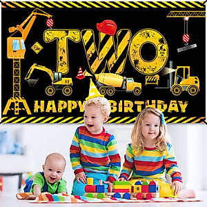 Construction 2nd Birthday Banner Decorations for Boys Kids, Dump Truck Construction Theme Two Birthday Backdrop Party Supplies, Excavator Crane Digger Two Year Old Poster Sign