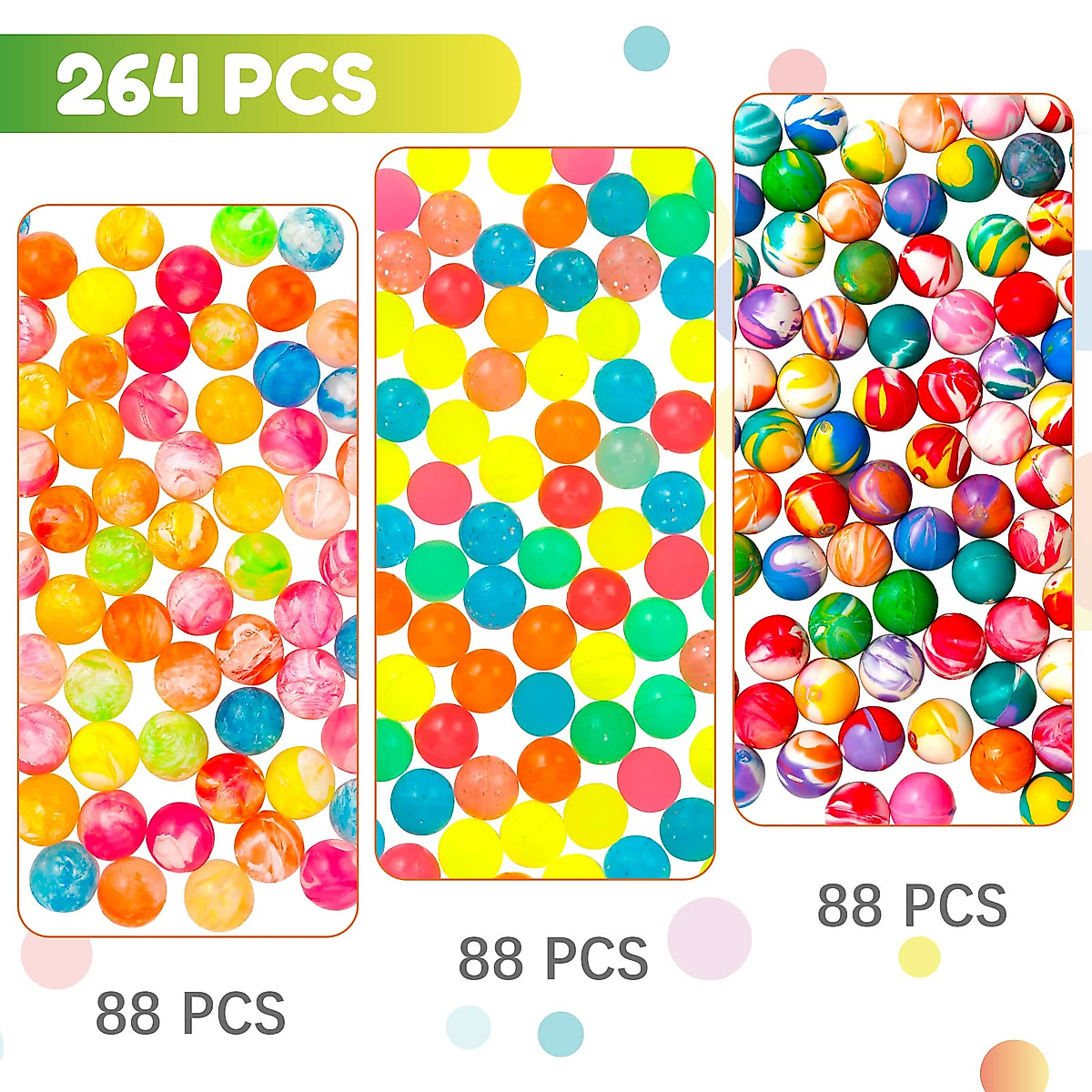 Pllieay 264 Pieces Bouncy Balls in Bulk, 3 Style Random Small Rubber Bouncy Balls for Kids Party Favors, 20mm/0.78Inch Neon Bouncing Balls for Gift Bag Filling and Vending Machines