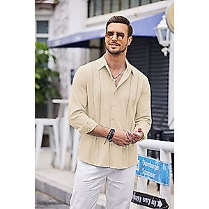 COOFANDY Men's Linen Shirts Casual Cuban Guayabera Shirt Long Sleeve Beach Shirts Beige