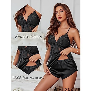 Avidlove Women's Silk Pjs Set Satin Pajamas Sets Cami Shorts Sets Women Lace Sleepwear Black