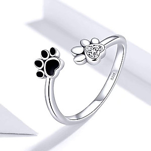 Qings Dog Paw Open Ring 925 Sterling Silver Adjustable Pet Footprint Ring Gift for Mom and Wife