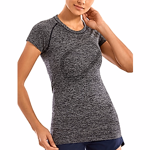 CRZ YOGA Seamless Workout Shirts for Women Short Sleeve Sports Tees Quick Dry Breathable Gym Athletic Tops Black and White Large