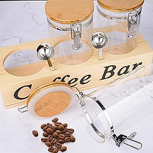 3 PCS Coffee Container for Ground Coffee with Scoop Wood Station, Glass Coffee Bean Canister Organizer with Airtight Lids, Coffee Storage Canister Jar for Sugar Tea