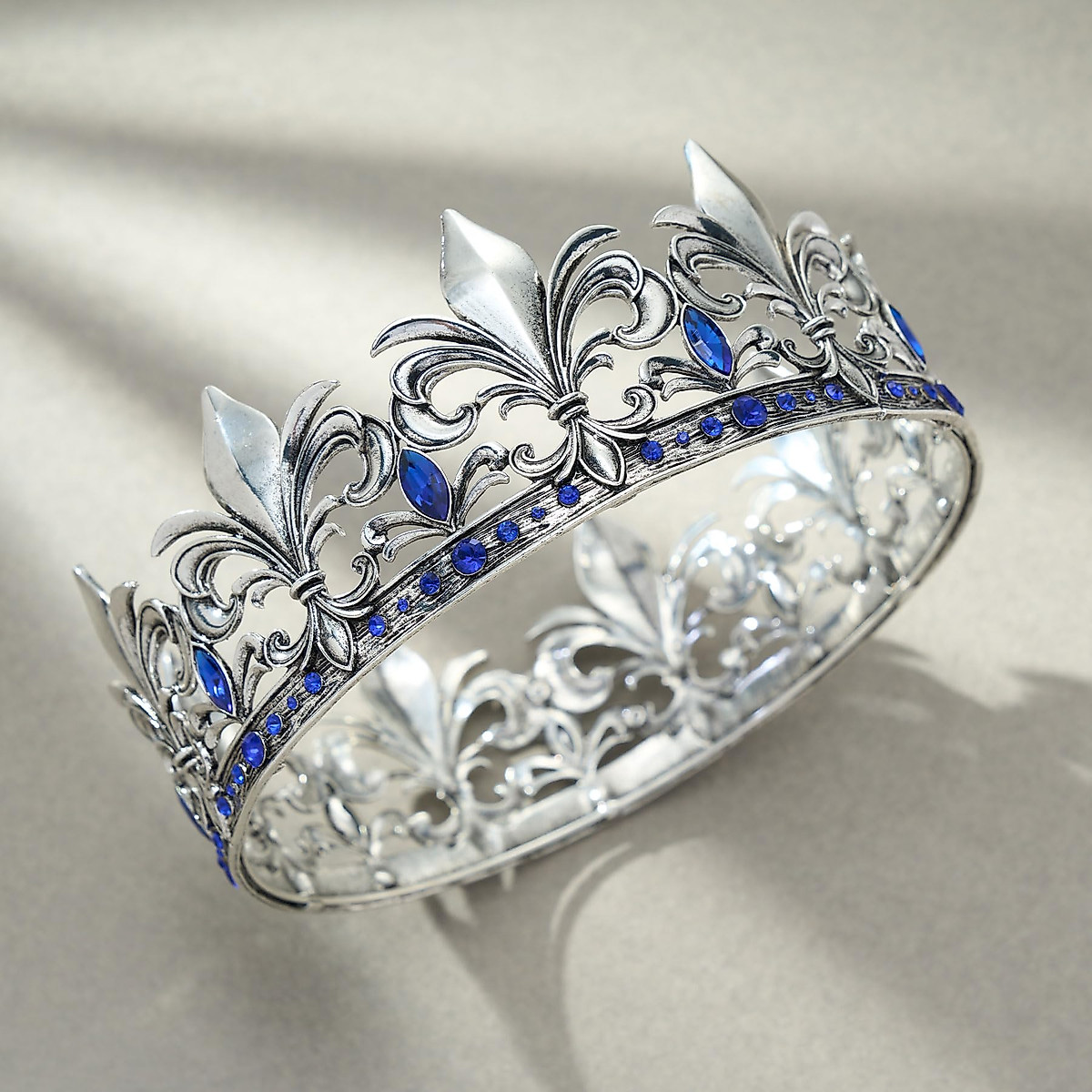 SWEETV Antique Silver King Crown for Men/Women (Unisex), Men's Tiara Prince Diadem, Crystal Medieval Headwear, Royal Costume Hair Accessories for Cosplay Birthday Wedding Halloween, Blue