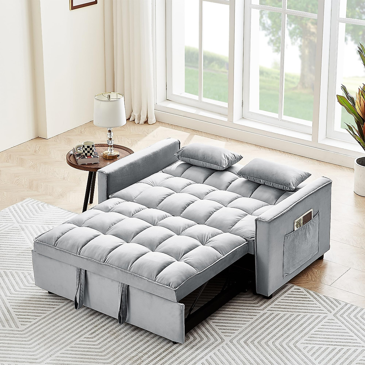 55 Inch Velvet Convertible Sleeper Sofa Bed, 3 in 1 Futon Sofa Couch with Pull-out Bed, Modern Love Seat Sleeper with Adjustable Backrest, 2 Pillows and Side Pockets for Living Room (Velvet Gray)