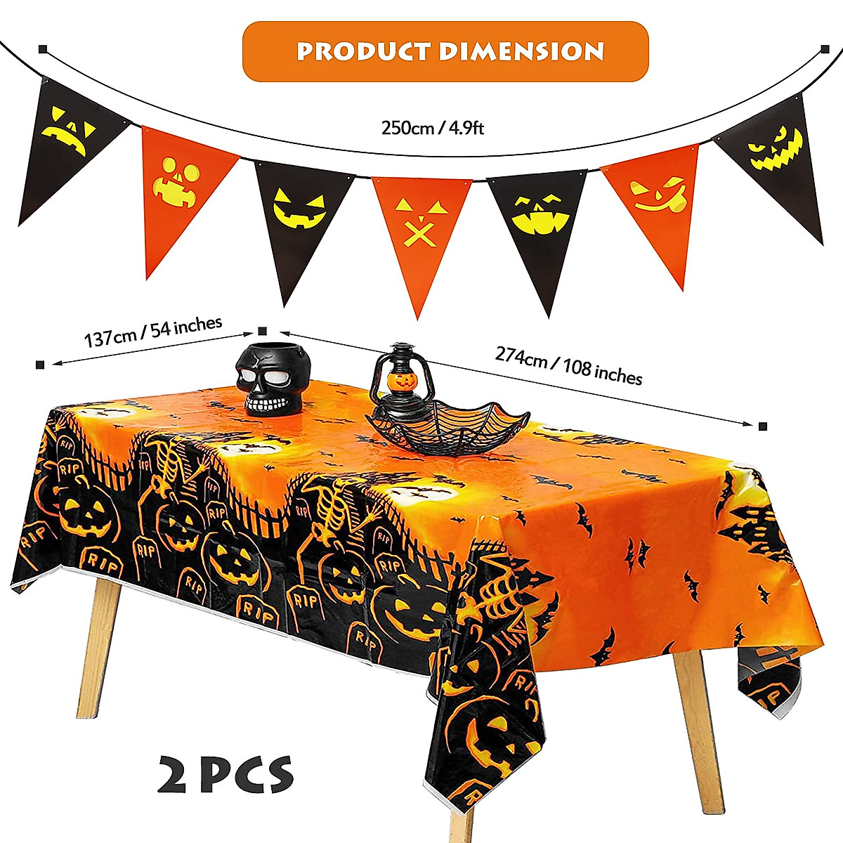 CAKKA Halloween Tablecloth, 2 Pack 54x108” Disposable Table Cover, Rectangle Plastic Table Cloths for for Halloween Party Decoration Supplies, Pumpkin Hunted House