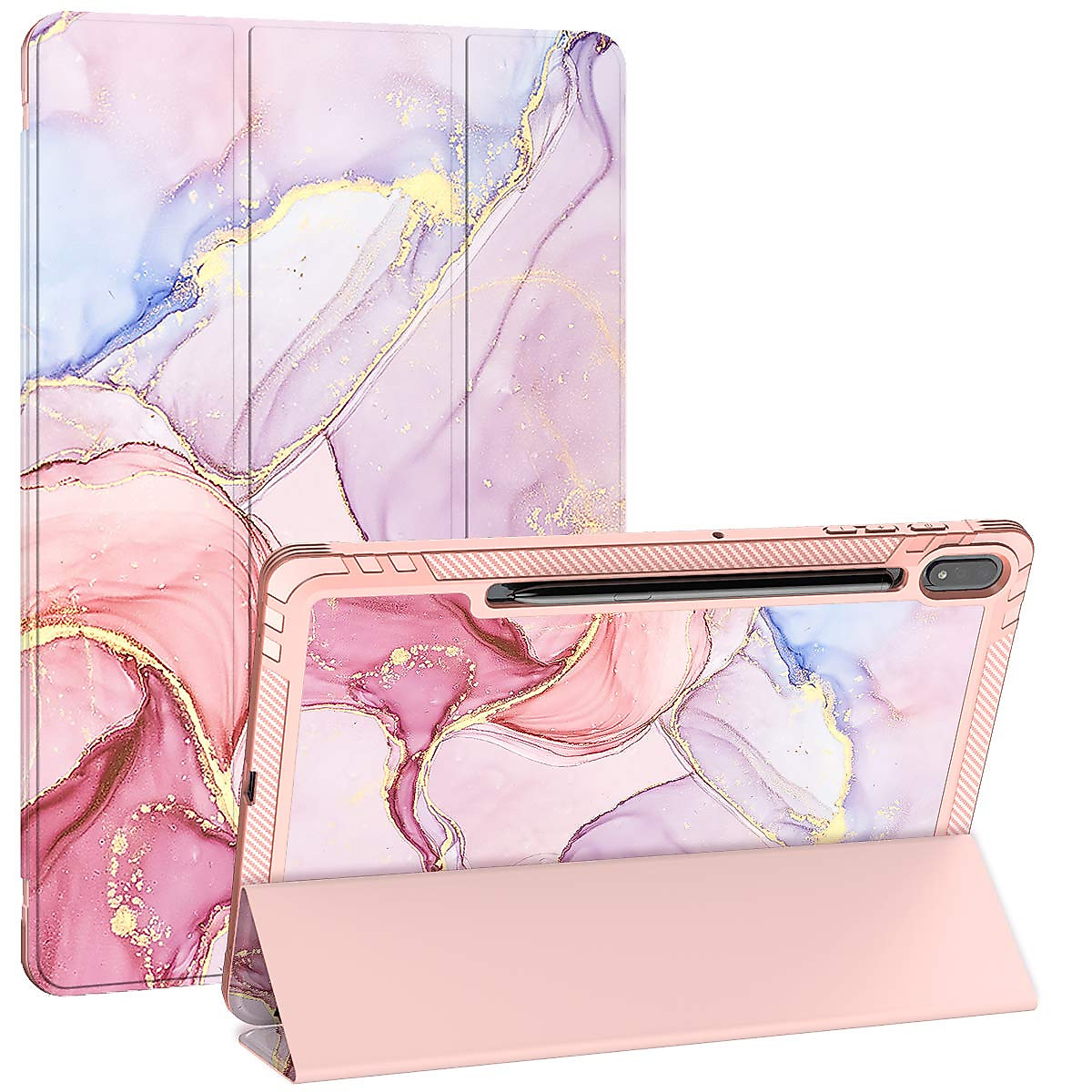 PIXIU Folio Case for Samsung Galaxy Tab S8 Plus /S7 Plus /S7 FE 12.4 inch with S Pen Holder,Trifold Stand PU Lleather Smart Cover with Auto Wake/Sleep Feature Purple Marble