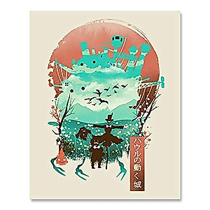Japanese Castle Art Print - Ukiyo-e Wall Art 8 x 10 Unframed Japanese Anime Artwork Wizard Print Hayao Miyazaki Wall Hanging Cool Movie Inspired Home Decor, Calcifer Turnip Head Artwork