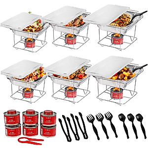 Alpha Living 6 Pack - Disposable Chafing Dish Buffet Set, Welded Body Food Warmers for Parties, 6hr Fuel Cans Complete Set, Half Size Pans, Warming Trays