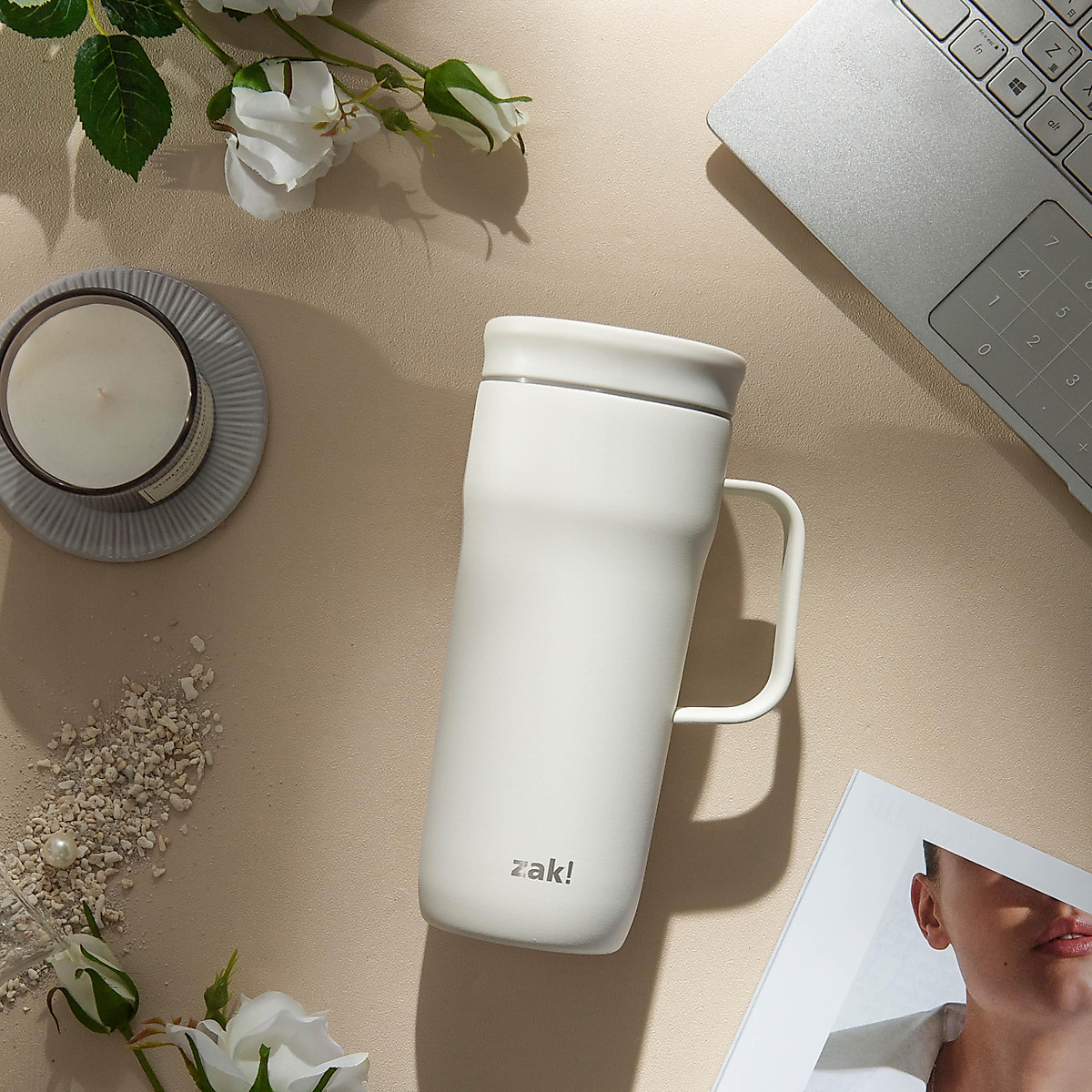 Zak Designs Harmony Tumbler for Travel or At Home, 20oz Recycled Stainless Steel is Splash-Proof and Vacuum Insulated with Slide Lid and Handle (Cream White)