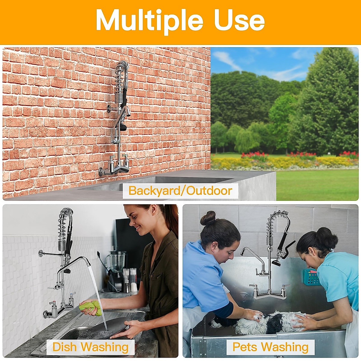 FAUAID Commercial Sink Faucet with Sprayer 25" Height 8" Adjustable Center 10" Swing Spout,Brass Constructed Wall Mount Commercial Faucet with Pull Down Pre-Rinse Sprayer for 1/2 Compartment Sink（25"）