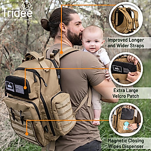 Tan Dad Diaper Bag - Molle-Style Military Diaper Backpack Made of Rugged 900D Waterproof Polyester with Wider Extra-Long Straps, Pouch for Dirty Diapers, Baby Wipes Dispenser & Insulated Pockets