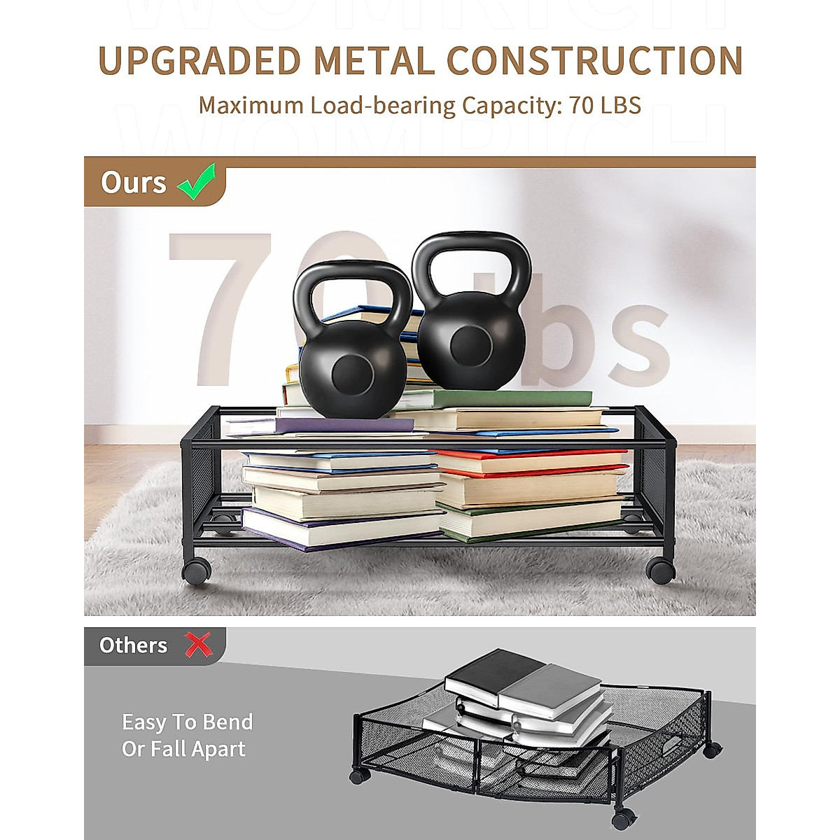 WOMRICH Under Bed Storage Containers with Wheels, Under Bed Shoe Storage, Under the Bed Storage Drawers Bins, Extra Large Under Bed Rolling Storage Organizer for Bedroom, 2 Packs Black