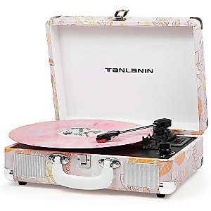 Vinyl Record Player Bluetooth Vintage 3-Speed Portable Suitcase Turntables with Built-in Speakers, 33 45 78 RPM Belt-Driven LP Player Support USB Recording AUX-in RCA Out Headphone Jack, Pink Floral