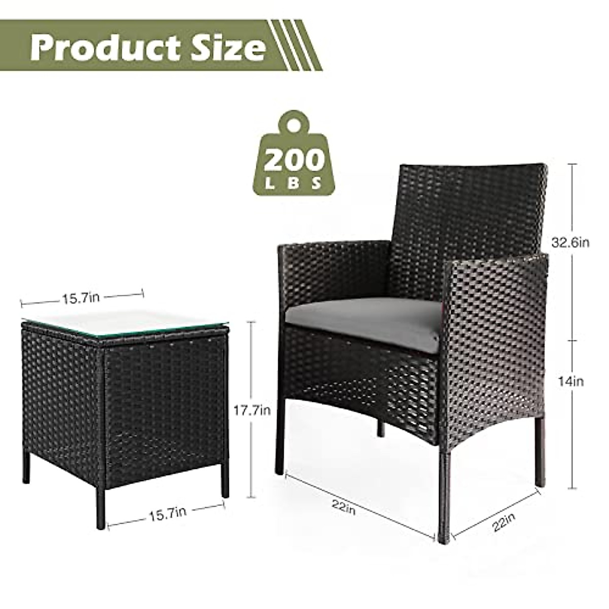 PAIQIAN 3 Pieces Patio PE Rattan Wicker Chairs with Table Outdoor Bistro Conversation Sets Garden Furniture for Yard Backyard Lawn Porch Poolside Balcony, Black/Grey