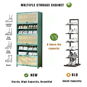 QQXX Bamboo Shoe Cabinet,Modern Entryway Shoe Storage Cabinet with Rattan Doors,Flip Shoe Rack Cabinet Shoe Organizer,Premium Storage Cabinet for Hallway Bathroom Kitchen(4tiers-31.5", Green)