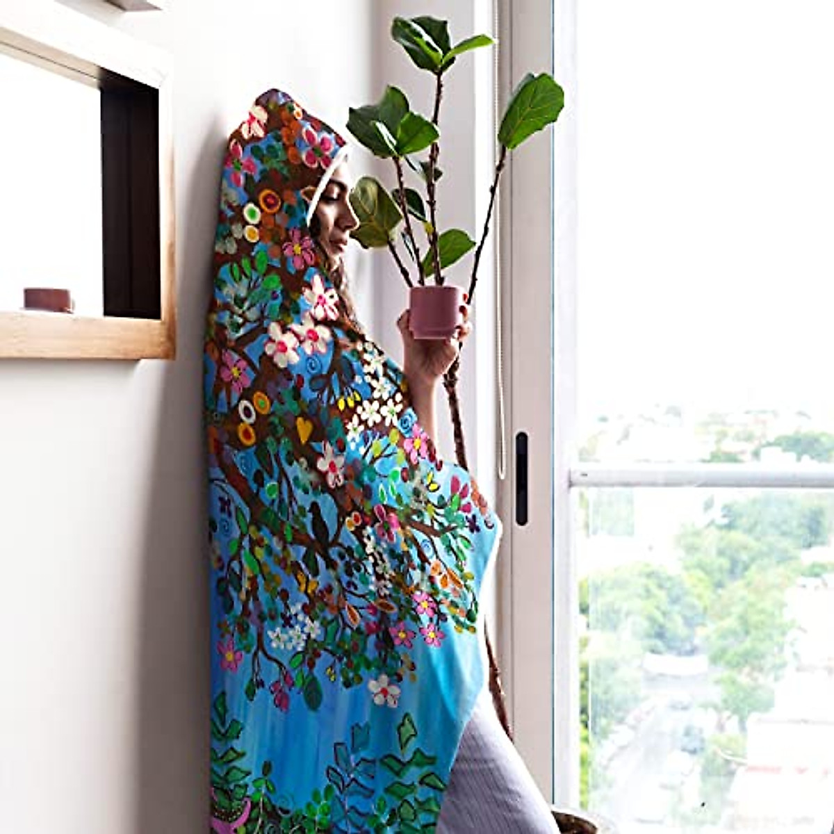 321DESIGN Blue Tree of Life Wearable Blanket Fleece Hooded Robe Cloak Throw Quilt Poncho Microfiber Sherpa Plush Warm Wrap Multiple-Size Adult(80"x60"in)