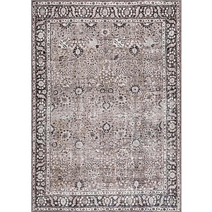Hauteloom Ganyangan Boho Vintage Distressed Damask Area Rug - Farmhouse Traditional Floral Faded Carpet for Living Room, Bedroom - Machine Washable Rug - Brown, Taupe, Cream - 7'10" Square