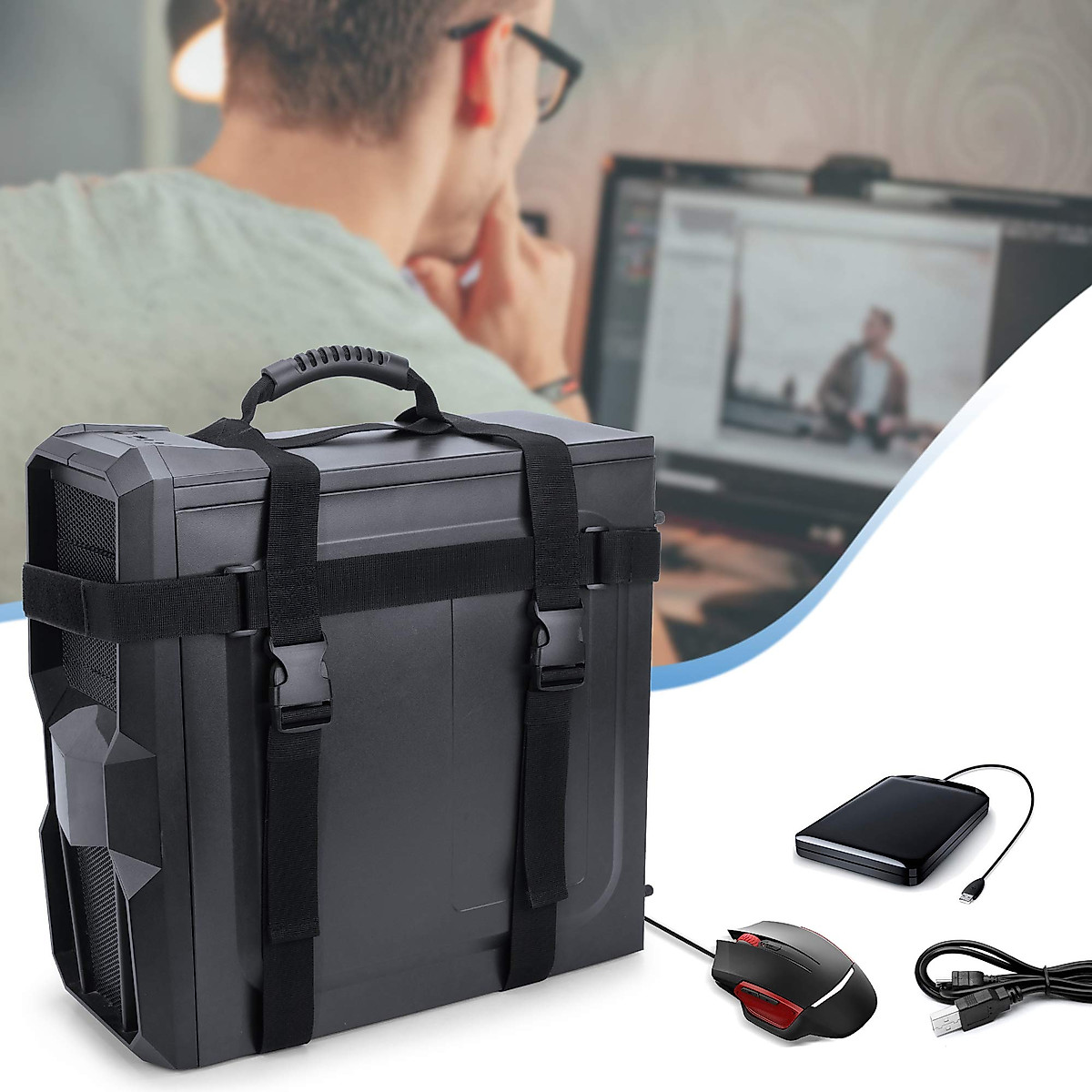 Trunab PC Tower Carrying Strap with Rubber Handle, Desktop Carrying Case Belt Computer Travel Holder with Pockets for Cable, Mouse, Ideal for Transporting On The Go - Patented Design