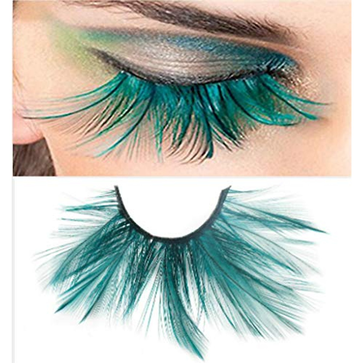 Dorisue Halloween eyelashes Double Lip Black with Green Big Extra Long Feather eyelashes Extra extension Halloween Green Feather Tip False Eyelashes Dance Halloween Costume
