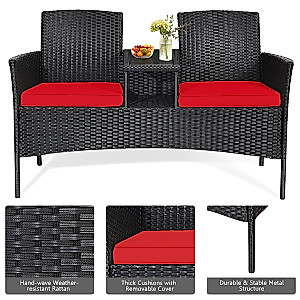 Toolsempire Outdoor Love Seat Wicker Patio Conversation Set, Rattan Outdoor Furniture Set with Cushion & Built-in Coffee Table, Patio Couch Outdoor Bench for Garden, Lawn, Backyard(Red)