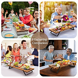 Hanobe Charcuterie Cheese Board Large: Long Acacia Serving Wooden Riser with Handles Folding Appetizer Boards Raised Wood Plank for Parties Buffet Food Display and Farmhouse Counter Decor