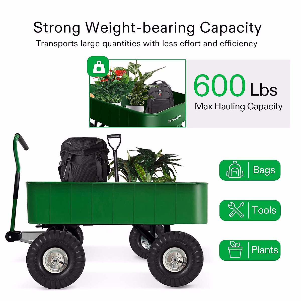 VIVOSUN Heavy-Duty Garden Dump Cart, 600-Pound Capacity, Multifunctional Pulling Wagon with 10" Pneumatic Tires for Outdoors, Lawns, Yards, Farms, and Ranches, Green