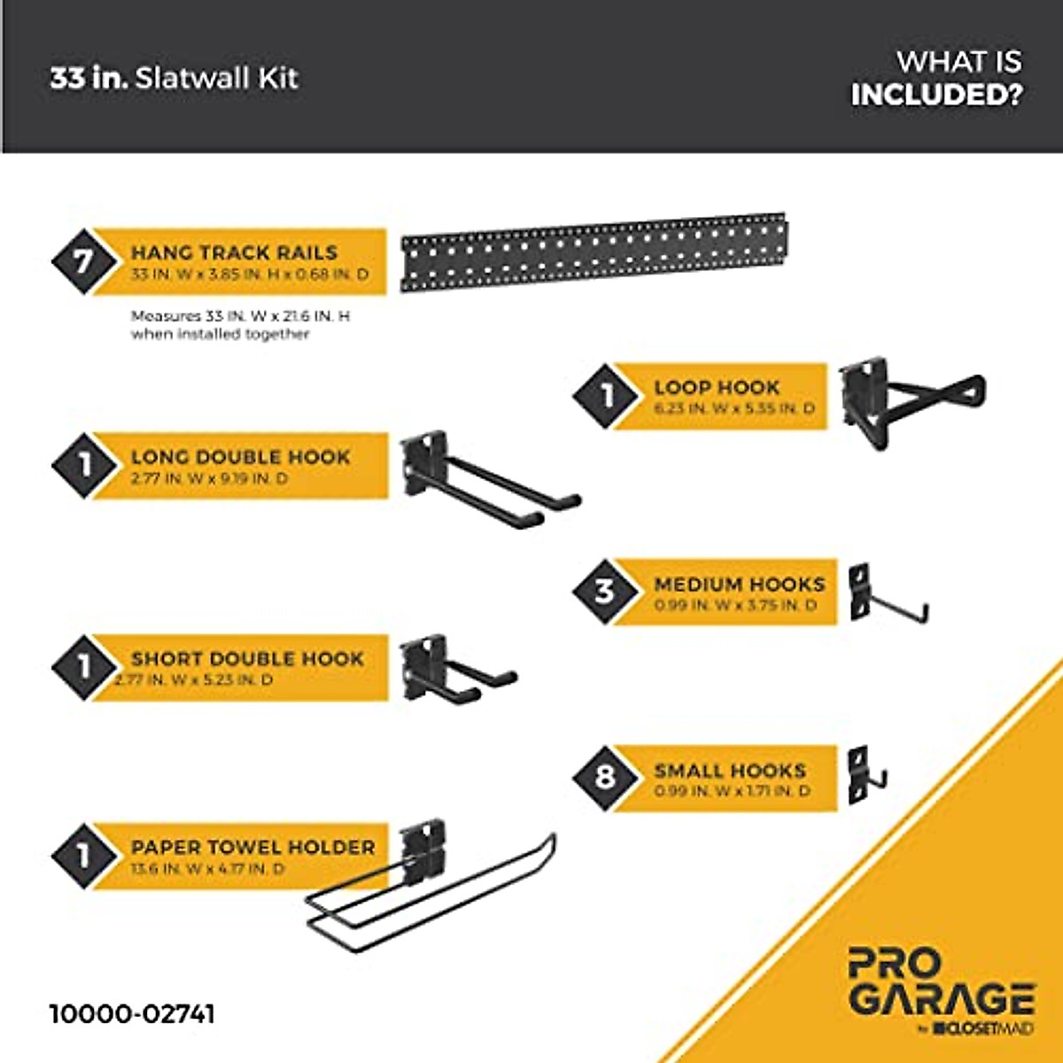 ClosetMaid ProGarage Slatwall Hang Track Kit, 33 in. W with Peg Board Hooks, Hangers, Paper Towel Holder, Garage Organizer System, Black