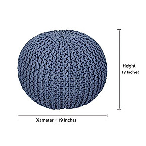RAJRANG BRINGING RAJASTHAN TO YOU Cotton Stuffed Pouf Hand Knitted Braided Cotton Cord Round Ottoman Bedroom Decorative Seating Blue 20 x 14 Inch