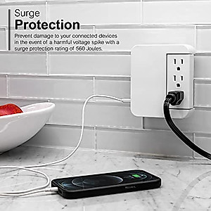 GE Pro Side-Access Swivel Surge Protector, 5-Outlet Extender with 2 USB Ports, Wall Tap Adapter, Charging Station, 3-Prong, 560 Joules, 2.4 AMP/12 Watt, UL Listed, White, 39429