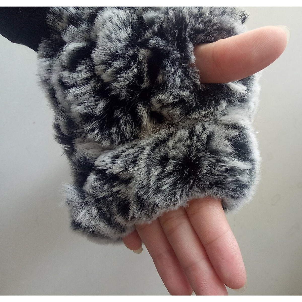 Valpeak Womens Rabbit Fur Winter Mittens Knitted Fingerless Gloves(Snowtop Black)