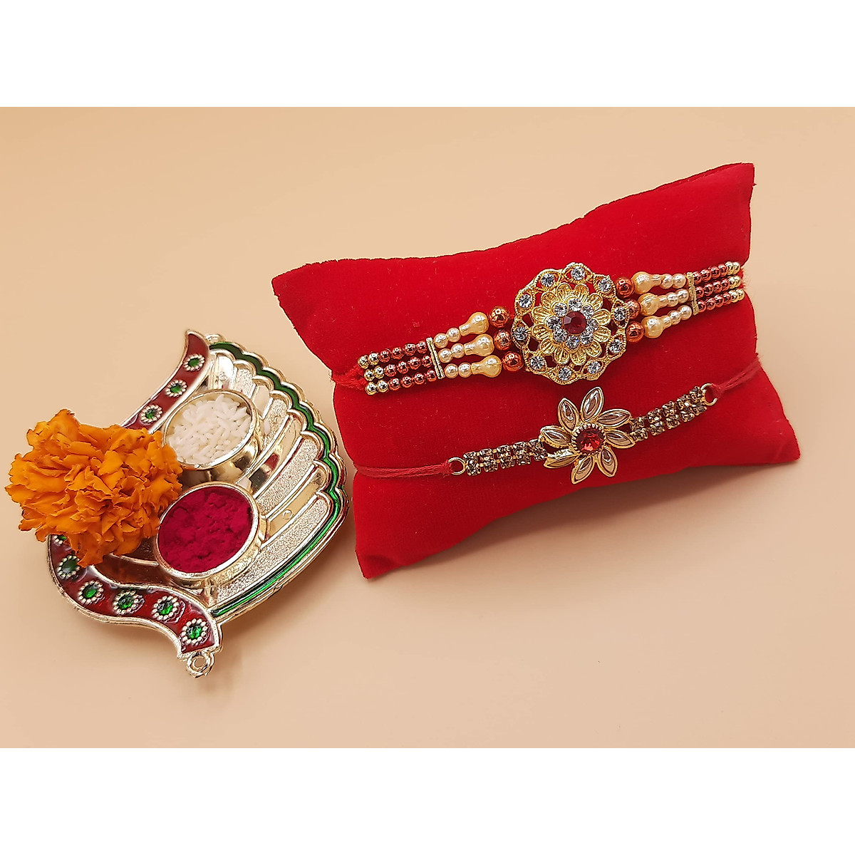 Palak Global Rakhi brass Bracelet, Unique designer Rakhi, Rakhi celebration with your Brother, Bhabhi/Sibling, Sister, Father & Family. Set of 2 (Fancy Rakhi with beautiful stones, Small)