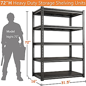 Kilyssa 72" H Storage Shelving Unit, 5-Tier Adjustable Heavy Duty Garage Shelves Metal Organizer Utility Rack, Black, 31.5" L x 16" W x 72" H for Kitchen Pantry Basement Bathroom Laundry