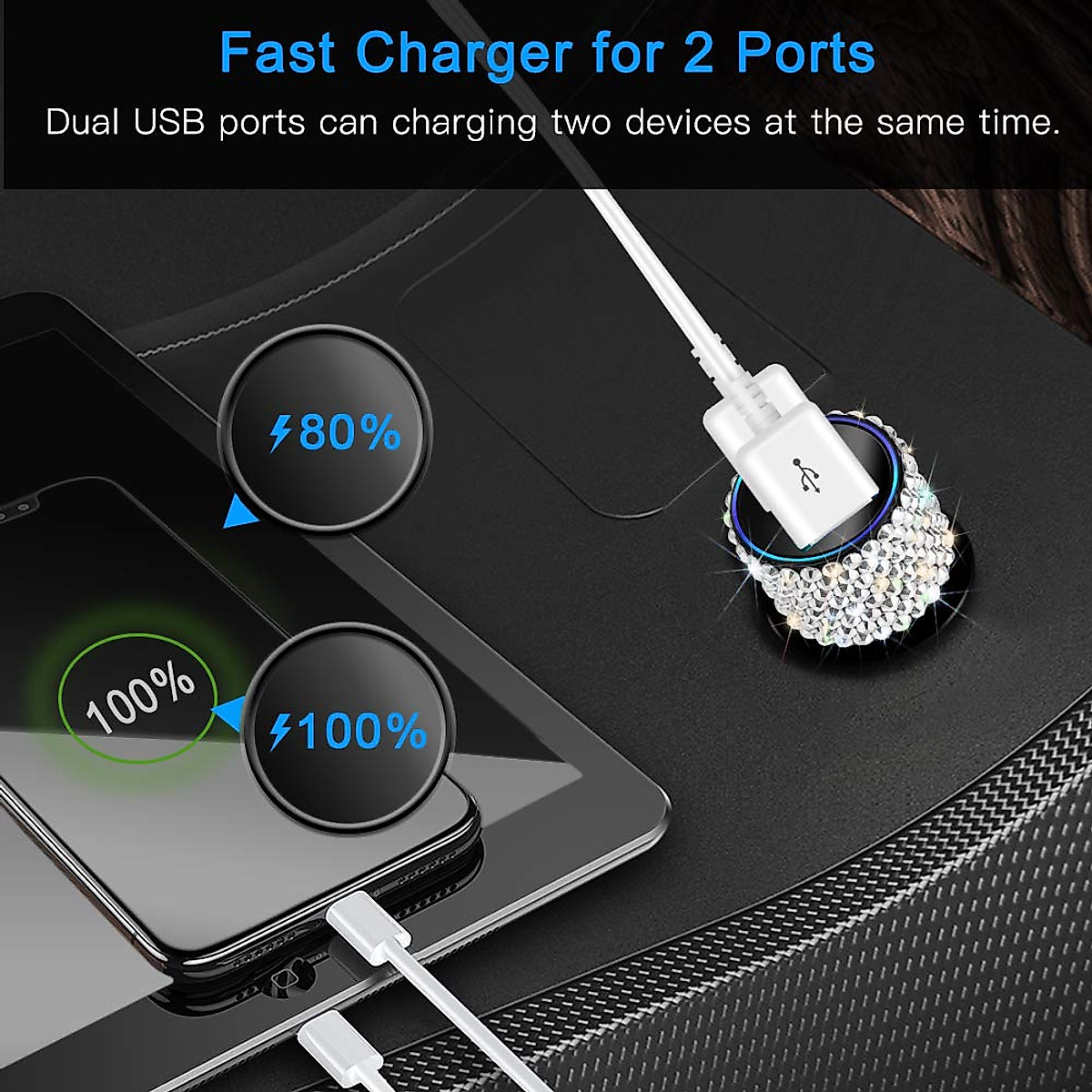 Otostar Dual USB Car Charger, 4.8A Output, Bling Crystal Diamond Car Decorations Accessories Fast Charging Adapter for iPhones Android iOS, Samsung Galaxy, LG, Nexus, HTC (Silver)