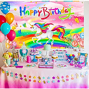 Ufocusmi Rainbow Unicorn Happy Birthday Backdrop, Unicorn Birthday Decorations for Girls, Unicorn Themed Party Background Banner 6x3.6 Feet