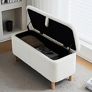 Boucle Storage Ottoman Bench for Bedroom end of Bed, Sherpa Upholstered Shoe Seat Storage Beach for Entryway Bed Foot, Rectangle Cushion Padded Blanket Chest Cute for Living Room, White