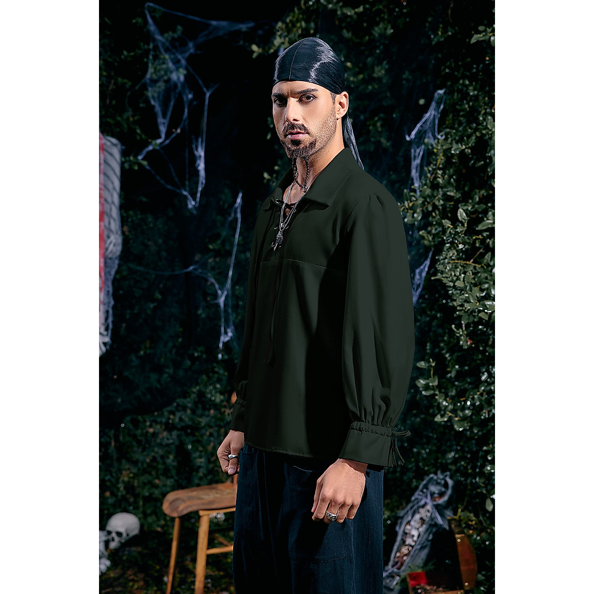 Mens Medieval Pirate Shirt Viking Renaissance Lace up Mercenary Halloween Scottish Jacobite Ghillie Tops