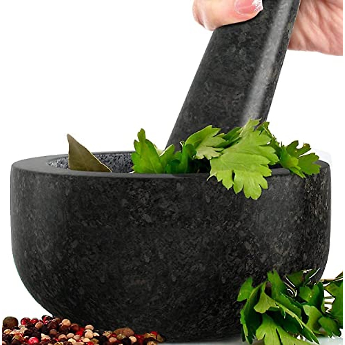 Heavy Duty Large Mortar and Pestle Set, Hand Carved from Natural Granite, Make Fresh Guacamole, Salsa, Pesto, Stone Grinder Bowl, Herb Crusher, Spice Grinder, 6.3 Inch Size, Black