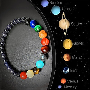 ATIMIGO 2 Pack Solar System Bracelet 7 Chakras Healing Natural Stone Bracelets for Women Men Stress Relief Yoga Beads Elastic Bracelet Bangle