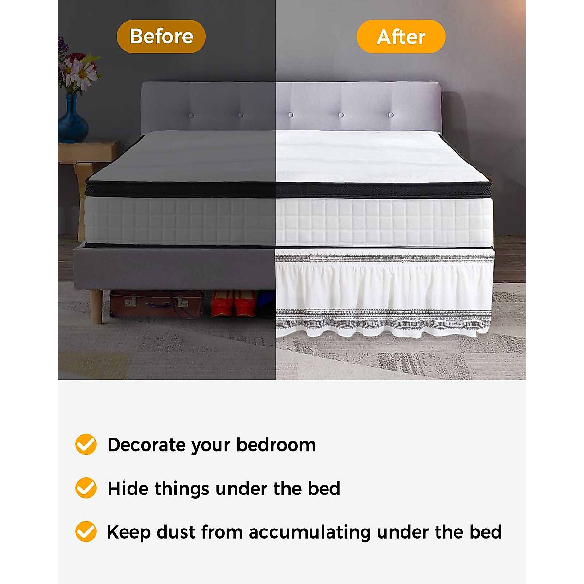 Boho Bed Skirt King Size 18 Inch Drop, Adjustable & Elastic Wrap Around Bed Skirts Pleated Luxury Dust Ruffles for Twin Full Queen Cal King Base Bed, Black Bohemia Geometric Ethnic Stripes