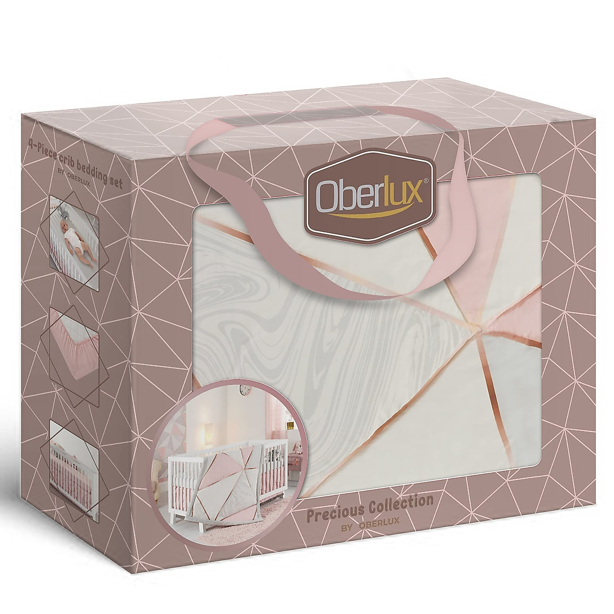 OBERLUX Crib Bedding Set for Girls- 4-Piece Baby Nursery Bedding Crib Set; Geometric, Rose Gold, Powder Pink & Marble | Precious Collection