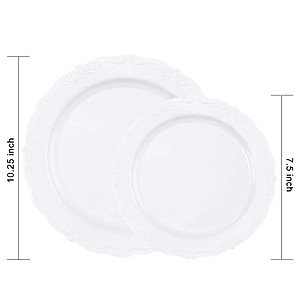 U-QE 100 Pieces White Plastic Plates - White Disposable Plates - Premium Hard Plastic Disposable Plates for Wedding and Party Use Including 50 Dinner Plates 10.25 '' & 50 Dessert Plates 7.5 ''