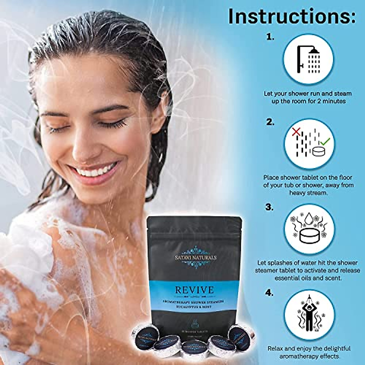 Satavi Naturals Eucalyptus & Mint Shower Steamers, Aromatherapy for Women & Men, Shower Bombs, Natural Essential Oils, Vapor Tabs for a Relaxing Spa Like Experience - 30g Tablets (15 Pack)