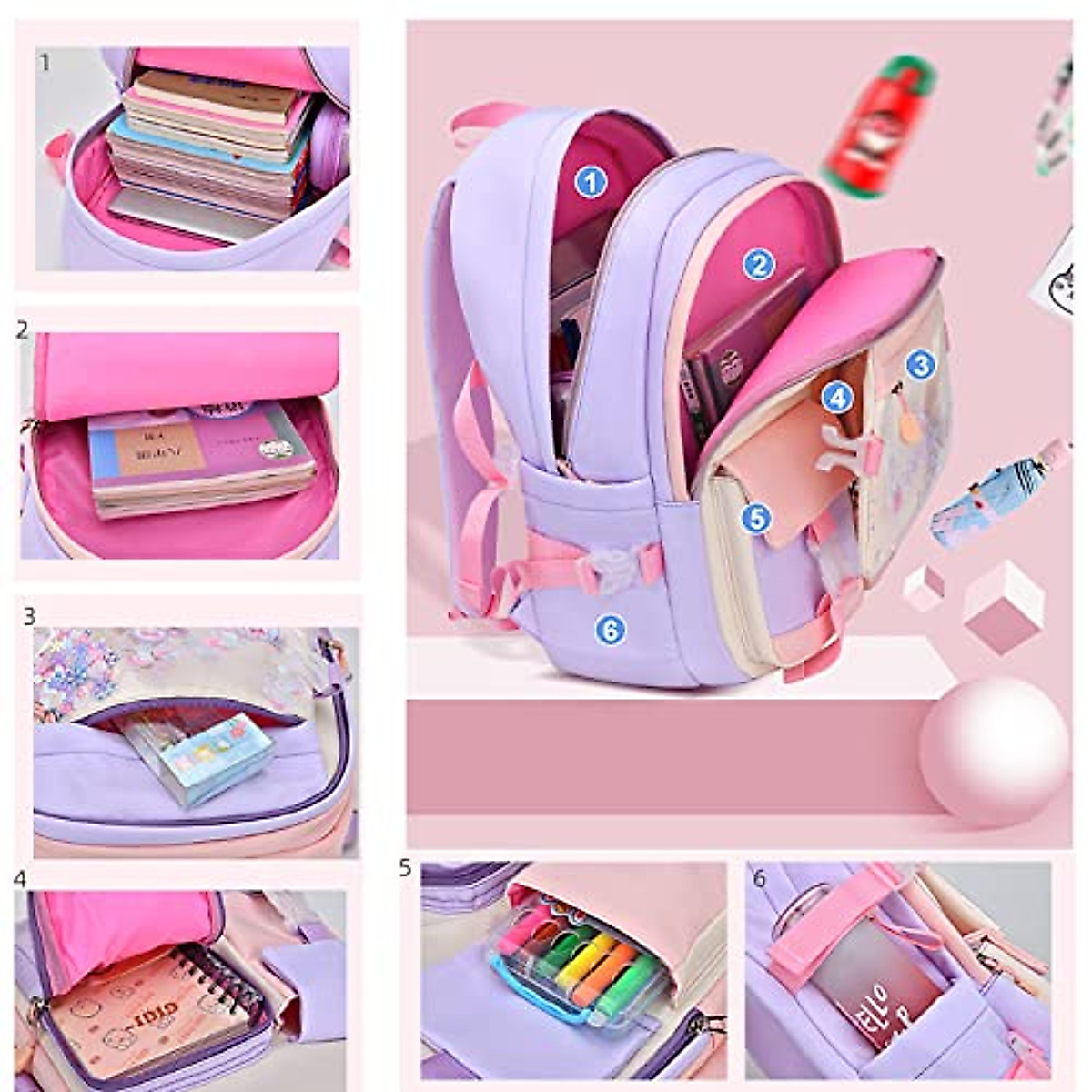 LELEBEAR Bunny Backpack,Large Capacity Waterproof Kawaii Bookbag for Grades 1-6,Kawaii Bunny Backpack for Girls (Purple, Large)